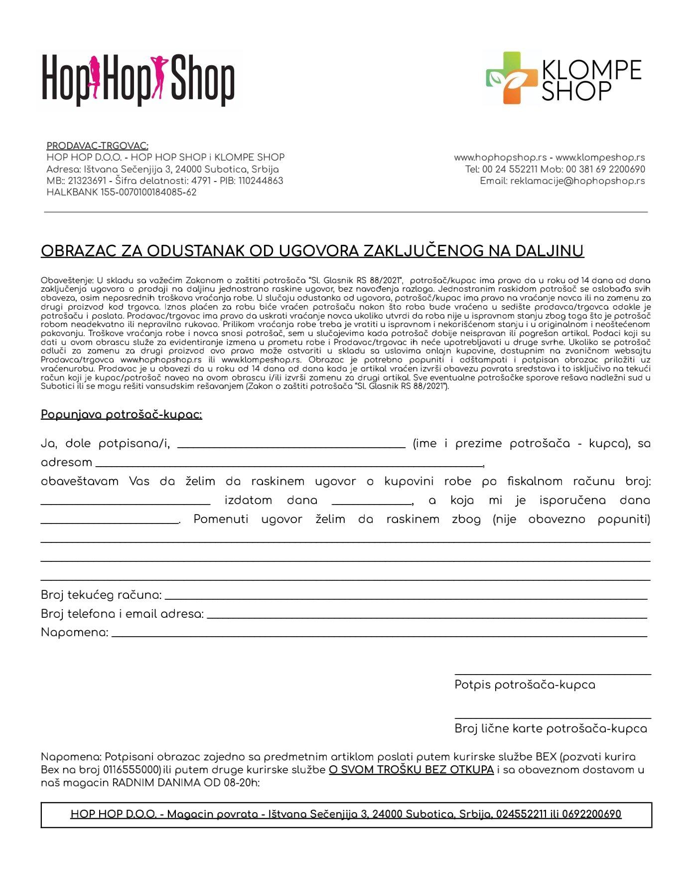 Obrazac za odustanak od kupovine - Ženska obuća HOP HOP SHOP: Ženske ...